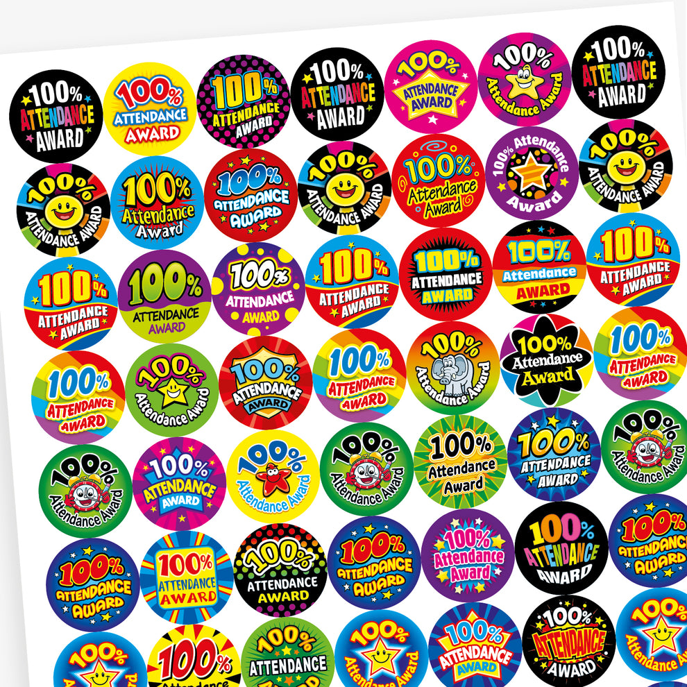 100% Attendance Stickers | 25mm | Choose Your Pack Size