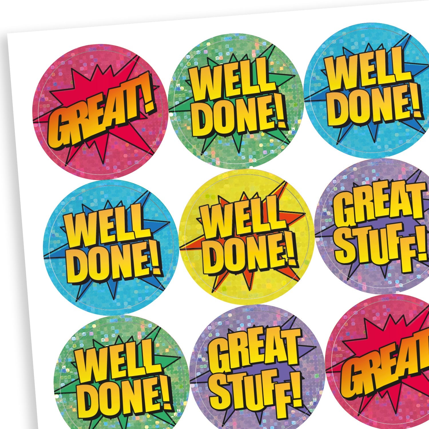 Holographic Comic Style Stickers | 30 Stickers | 25mm