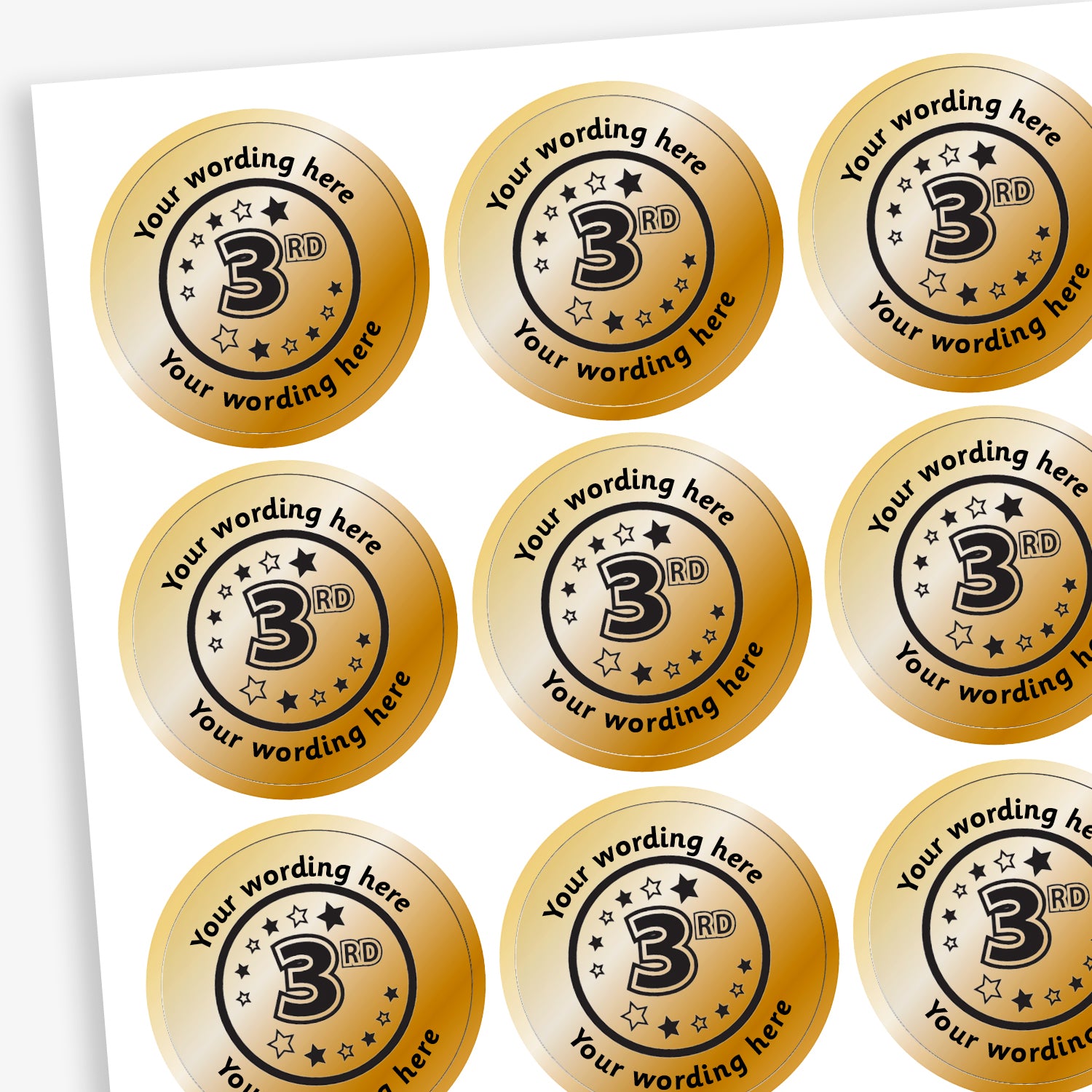 70 Personalised Metallic 3rd Place Stickers - 25mm