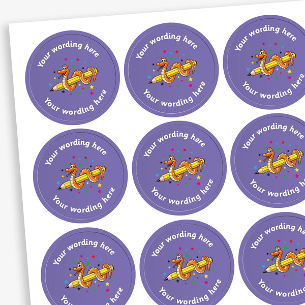 Personalised Snake & Pencil Stickers | 70 per sheet | 25mm