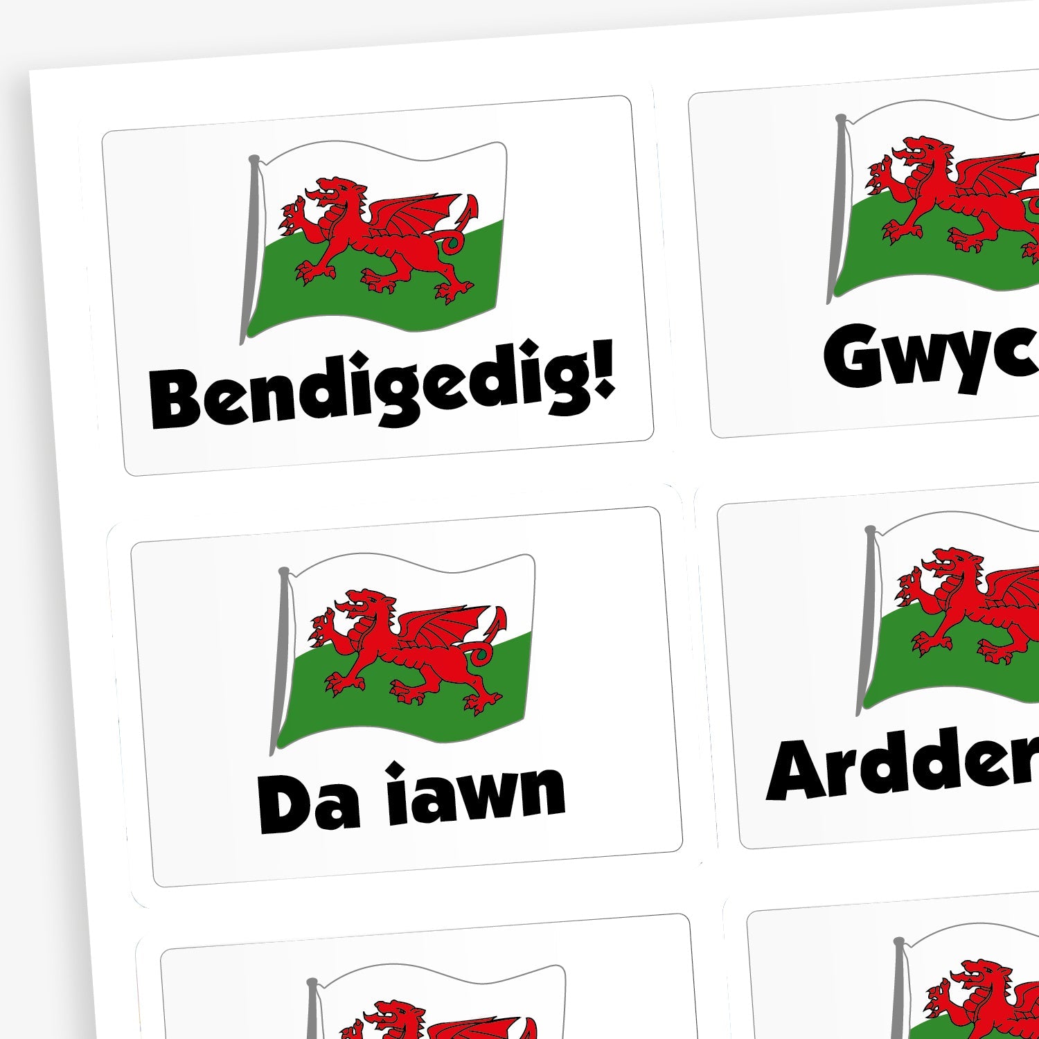 Welsh Wording Stickers | Flag | 32 Stickers | 46mm x 30mm
